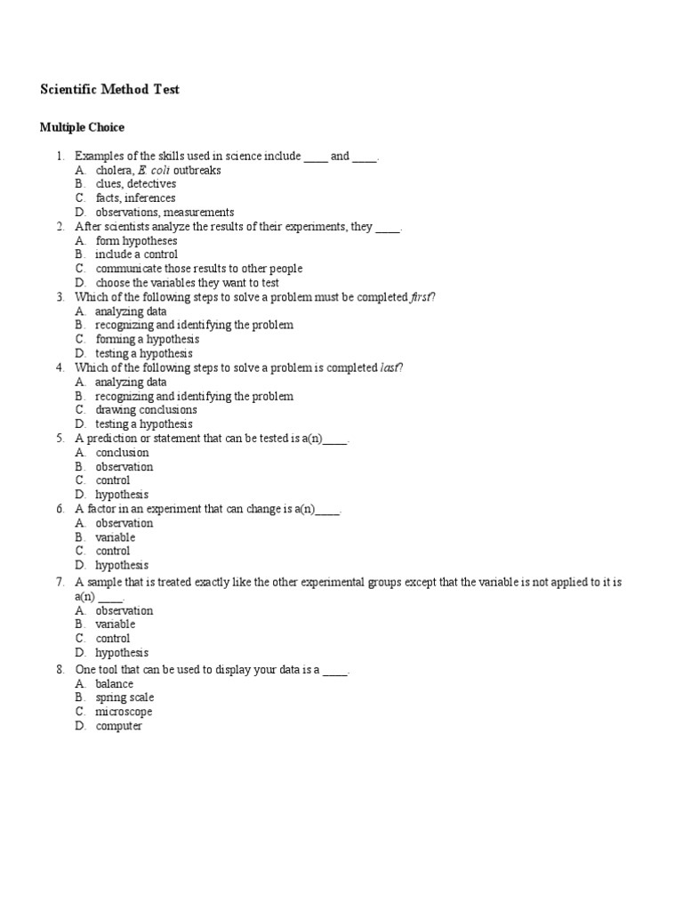 Scientific Method Test | PDF | Experiment | Scientific Method