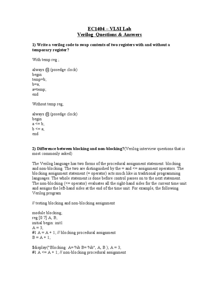EC1404 - VLSI Lab Verilog Questions & Answers | PDF | Parameter ...