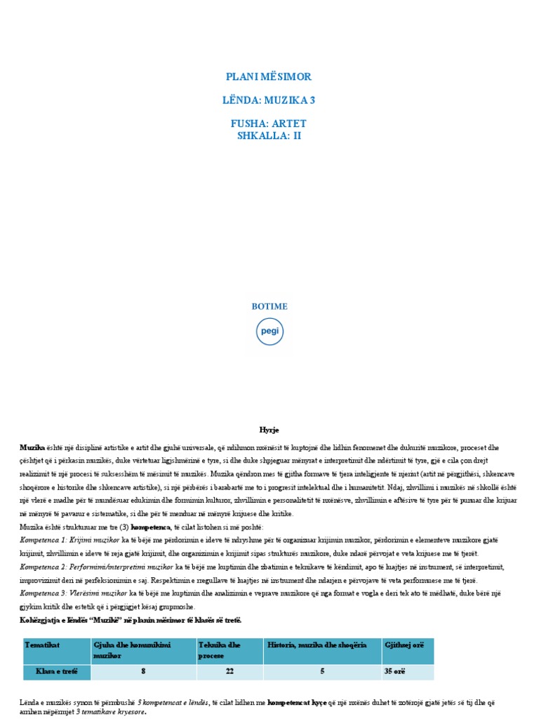 Muzika 3 - Plani Mesimor | PDF