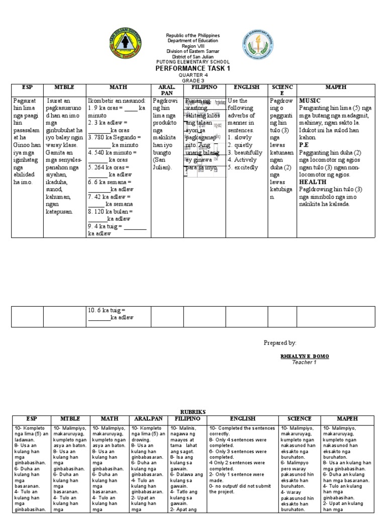 Performance Task 1 Quarter 4 (Grade 3) | PDF