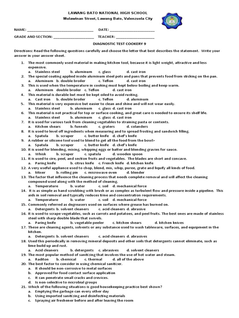 Cookery 9 Diagnostic Test Questions | PDF | Salad | Breads