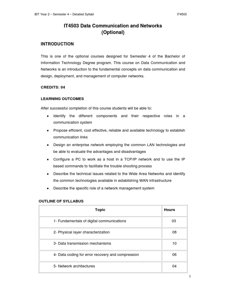 IT4503 Data Communication and Networks (Optional) : Credits: 04 | Download Free PDF | Internet ...