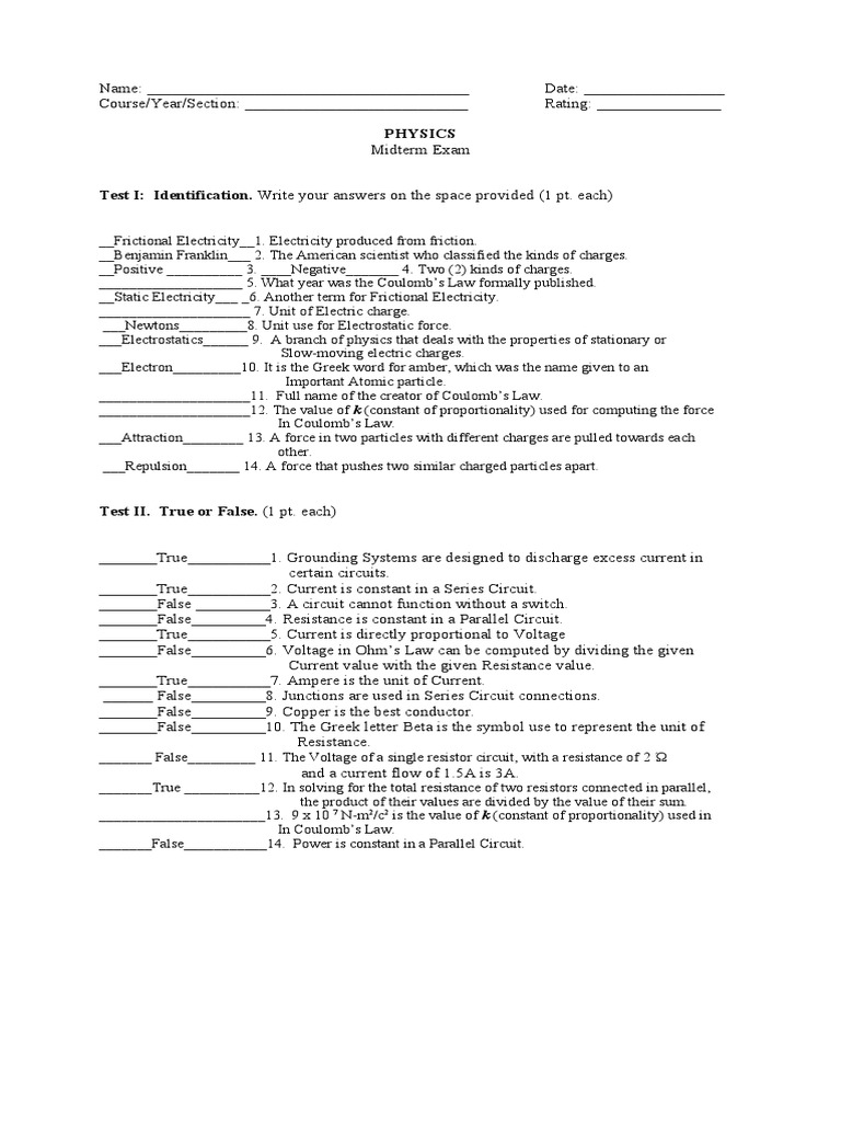 MIdterm Exam Answer Key | PDF | Electricity | Electric Charge