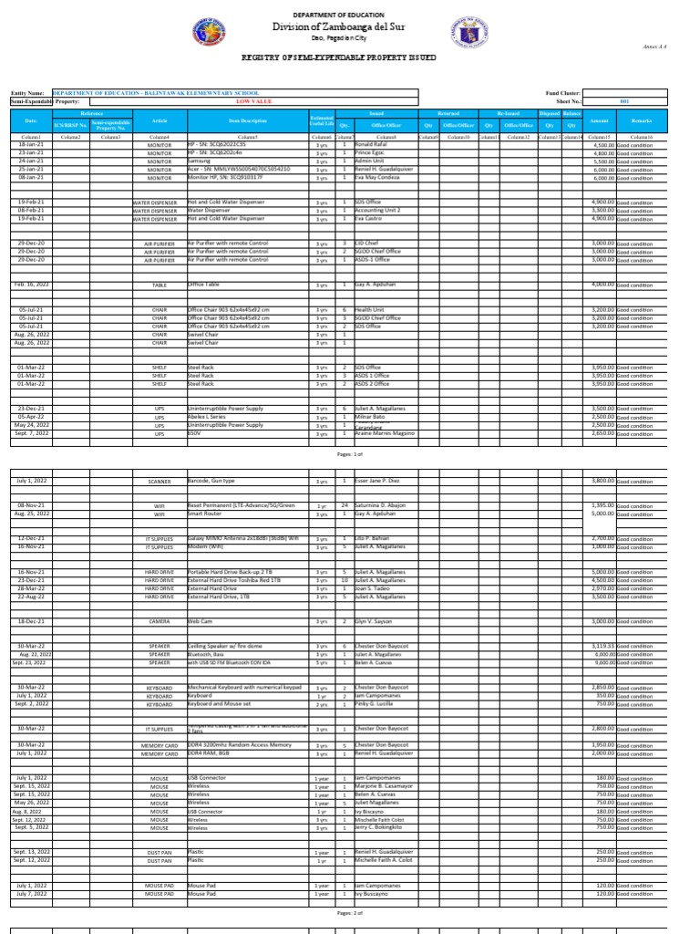 A.4A Registry of Semi Expendable Property Issued LV | PDF | Design ...