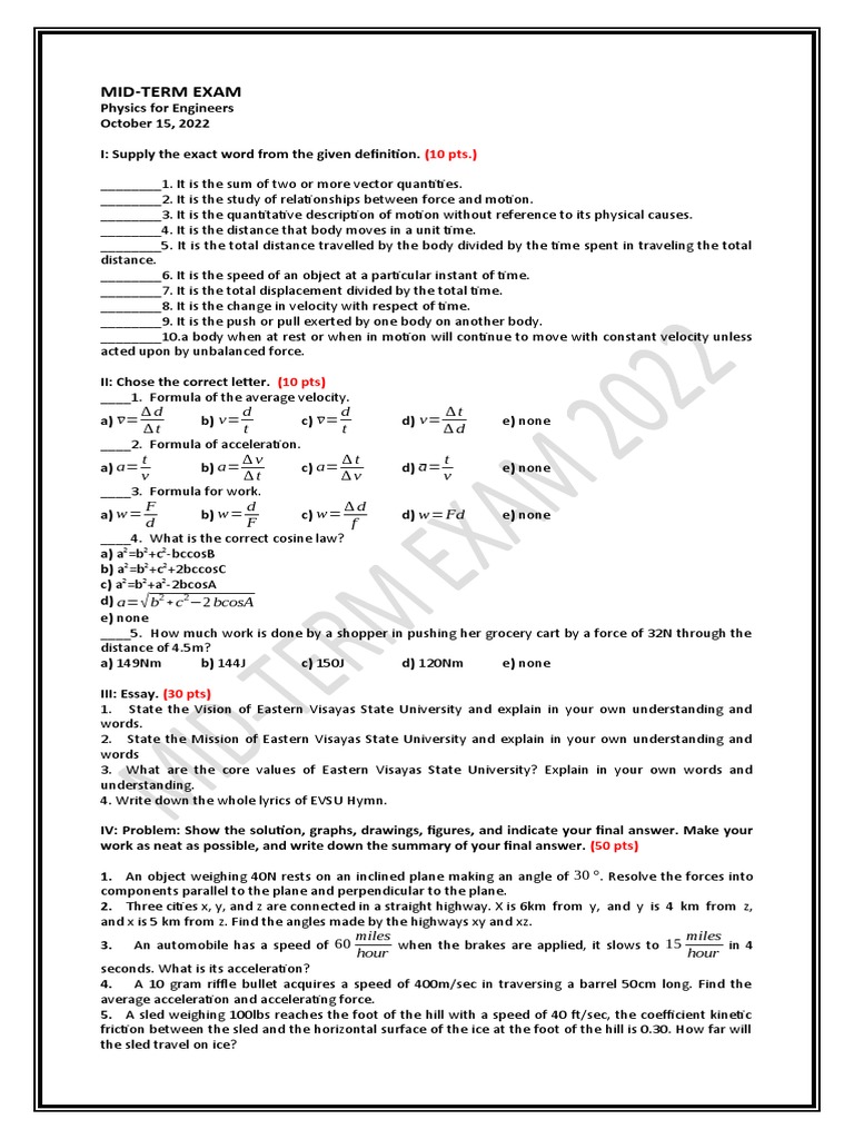Midterm (Physics For Engineers) | PDF | Velocity | Force