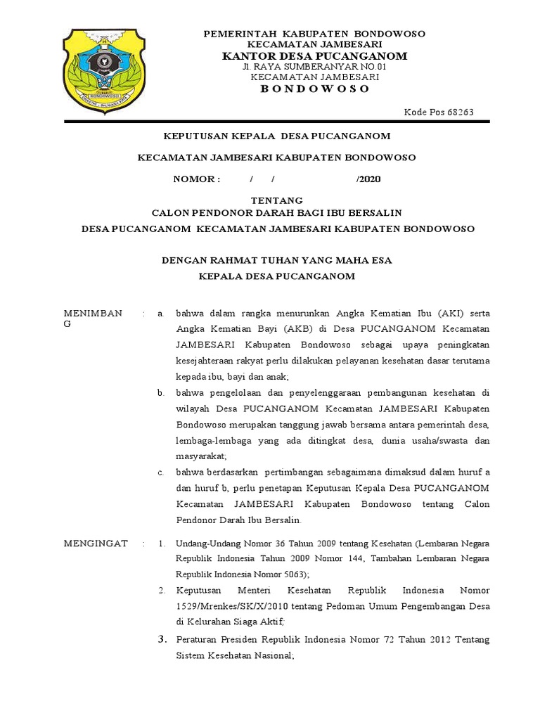 SK Calon Donor Darah Desa Pucanganom | PDF