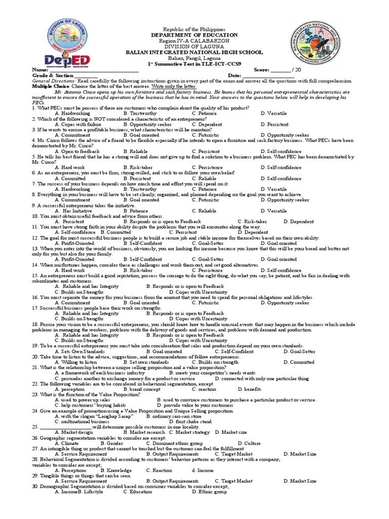 TLE-ICT-CCS9 Summative Test Guide | PDF | Business
