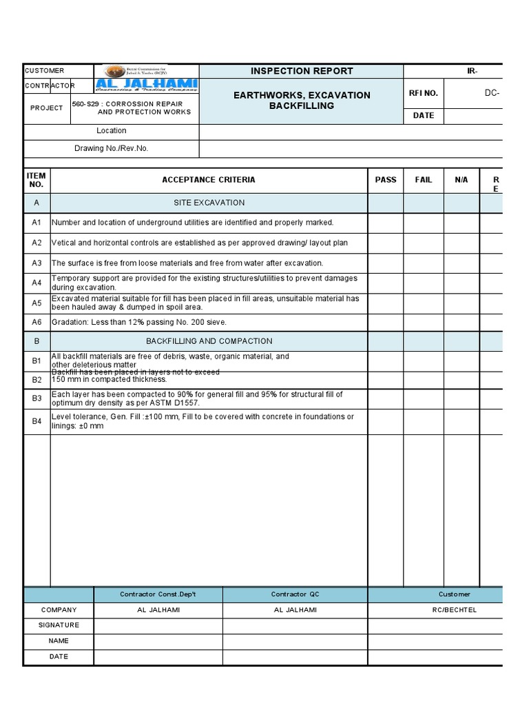 Checklist Earthwork Excavation and Backfilling | PDF