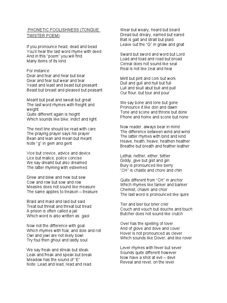 Phonetic Foolishness (Tongue Twister Poem) | PDF