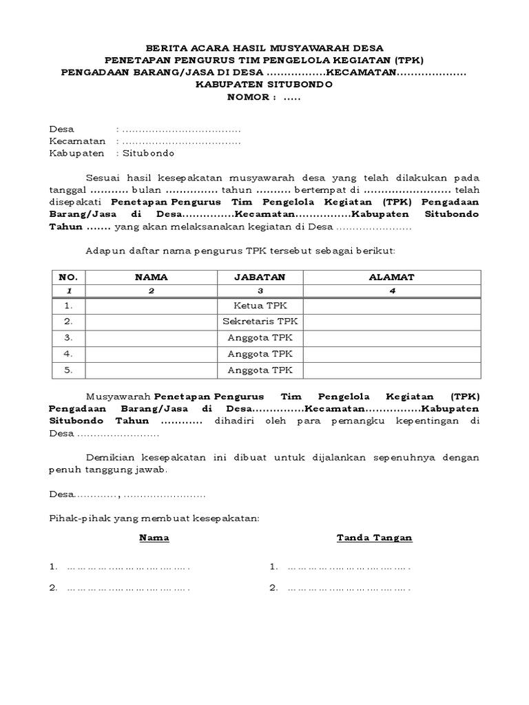 Contoh BA. Musdes Penetapan TPK | PDF