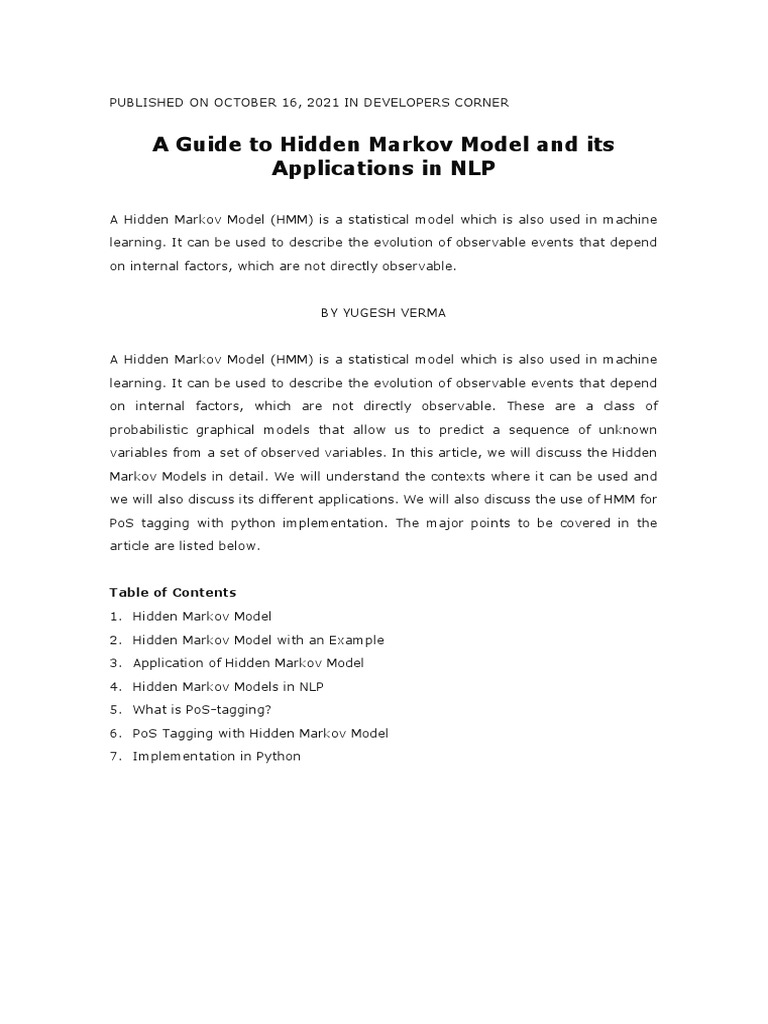 A Guide To Hidden Markov Model and Its Applications in NLP | PDF | Part Of Speech | Markov Chain