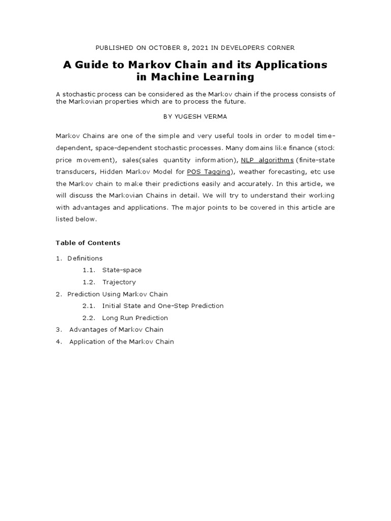 A Guide To Markov Chain and Its Applications in Machine Learning | PDF | Markov Chain | Prediction