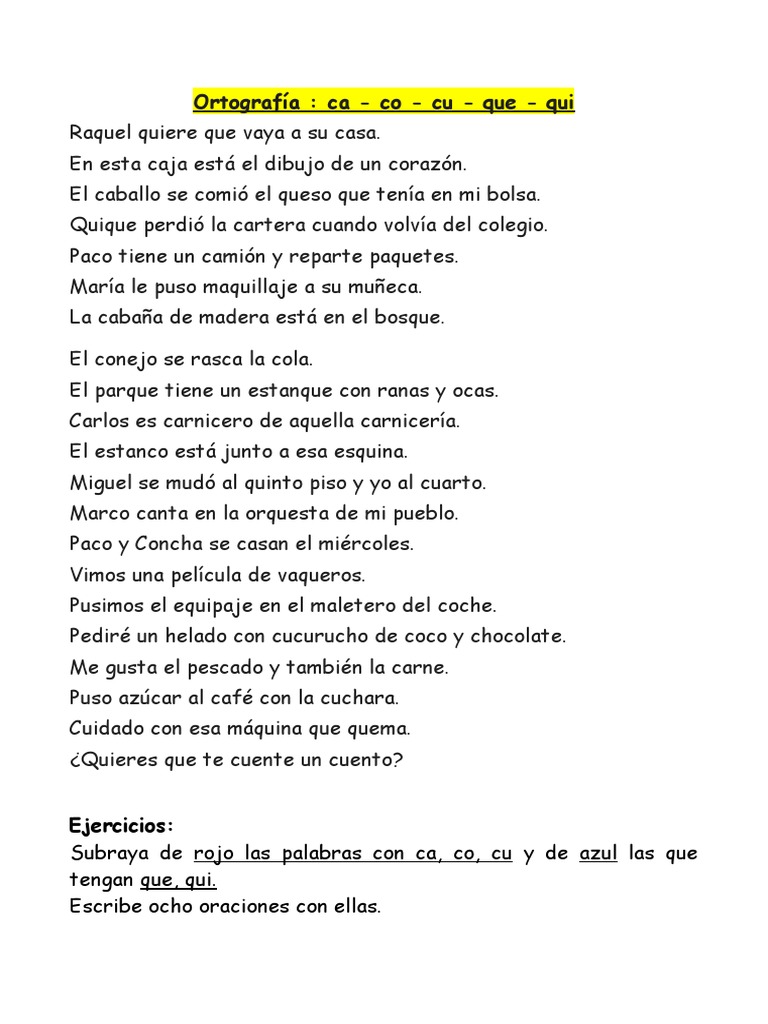 Dictado Ca, Co, Cu, Que, Qui | PDF