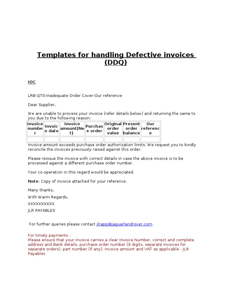 Templates for handling Defective invoices (DDQ)
