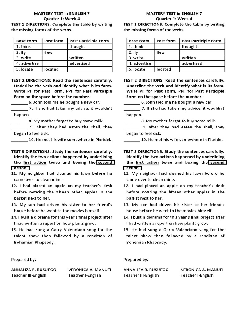 Q1-Eng 7-Mastery Test-Simple and Past Perfect Tenses | PDF | Verb ...