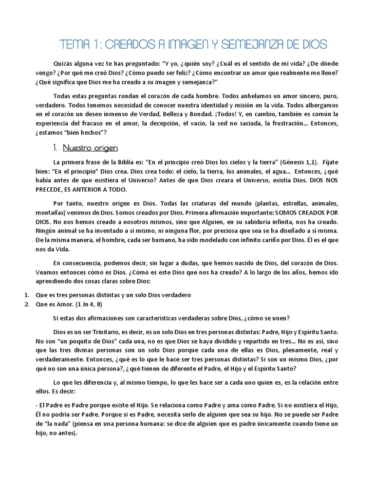 TEMA 1 - Creados A Imagen y Semejanza de Dios | PDF | Amor | Creencia religiosa y doctrina