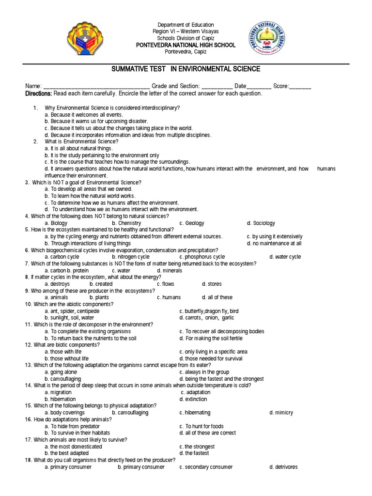 Enviro 1ST Quarter Summative | PDF | Ecosystem | Natural Environment