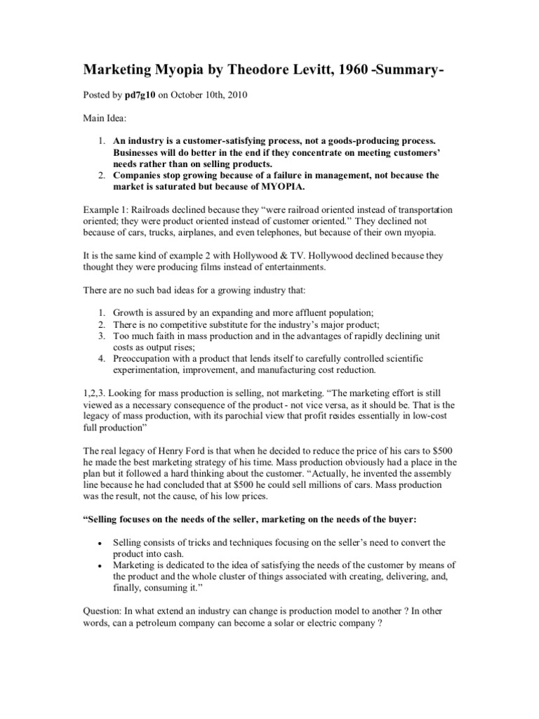 Marketing Myopia by Theodore Levitt | PDF | Mass Production | Sales