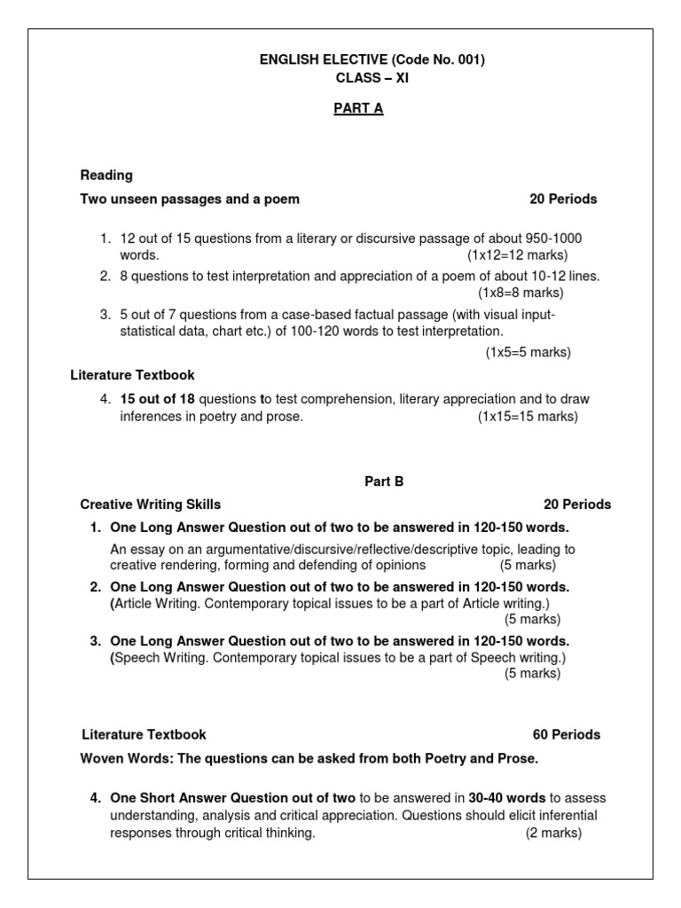CBSE Class 11 English Elective 2021-22 | PDF | Reading Comprehension | Cognition