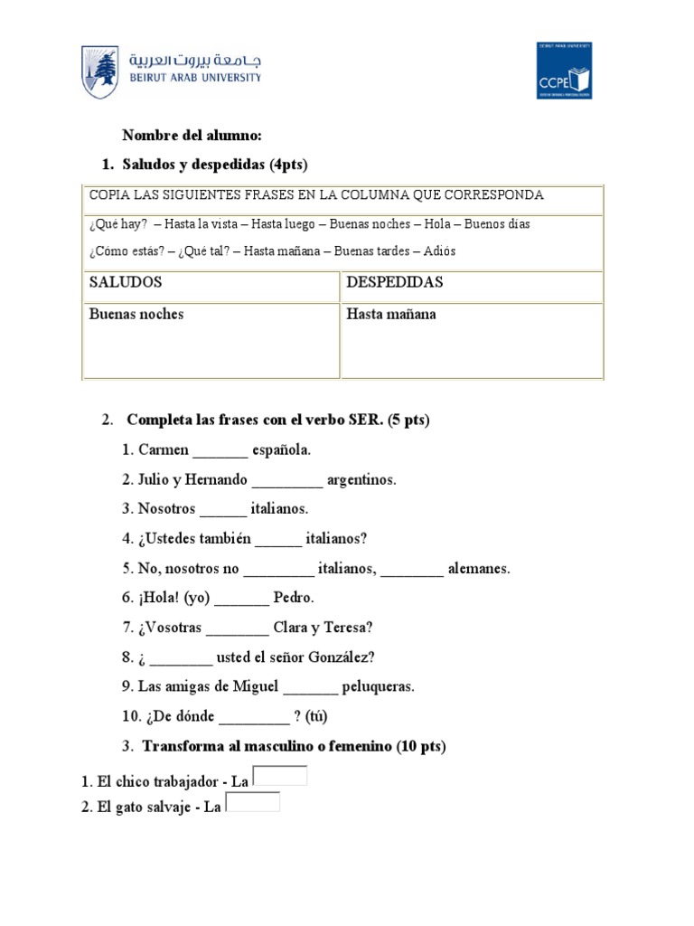 Spanish A1.1 Exam | PDF