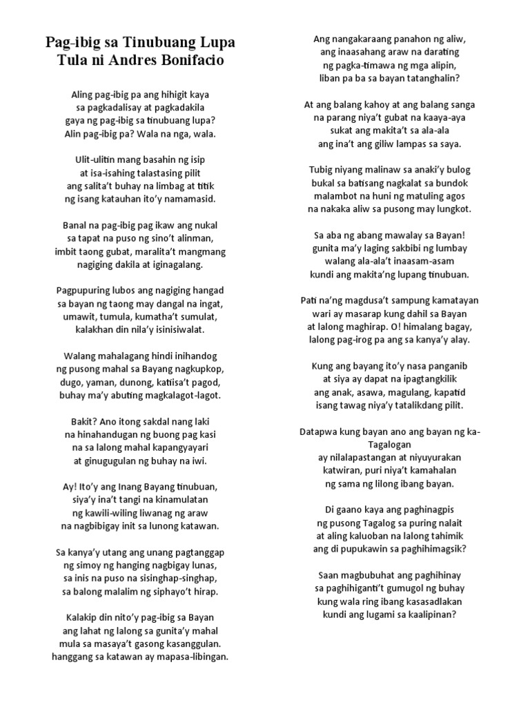 Pag-Ibig Sa Tinubuang Langit Ni Andres Bonifacio | PDF