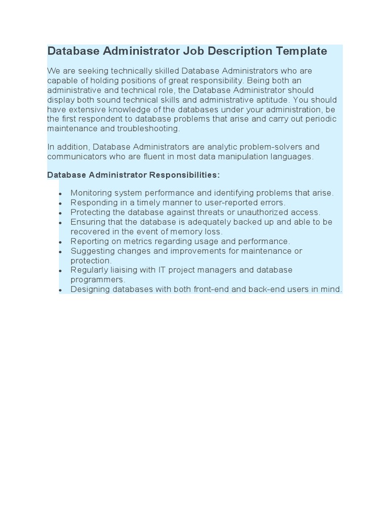 Database Administrator Job Description | PDF
