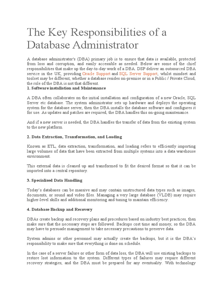 The Key Responsibilities of A Database Administrator | PDF | Databases | Backup
