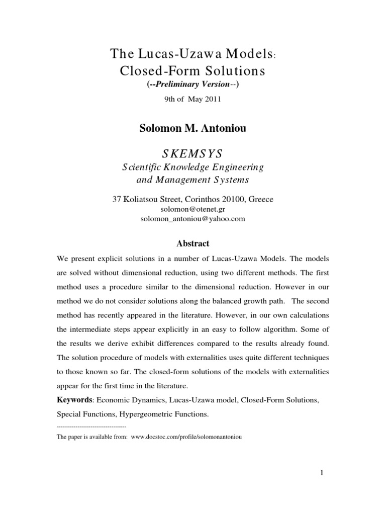 The Lucas-Uzawa Models Closed-Form Solutions: Skemsys | PDF | Ordinary ...