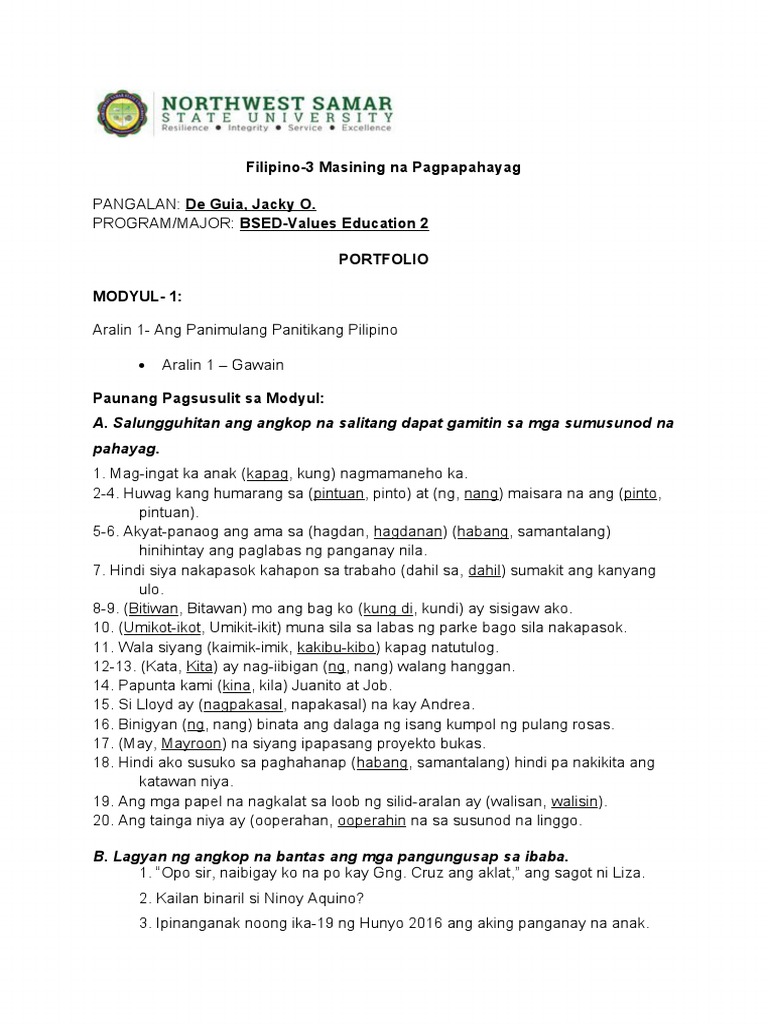 Filipino 3 Portfolio de Guia Jacky O. BSED Val. ED. 2 | PDF