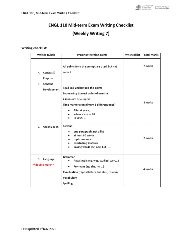 ENGL110 Mid-Term Writing Checklist | PDF