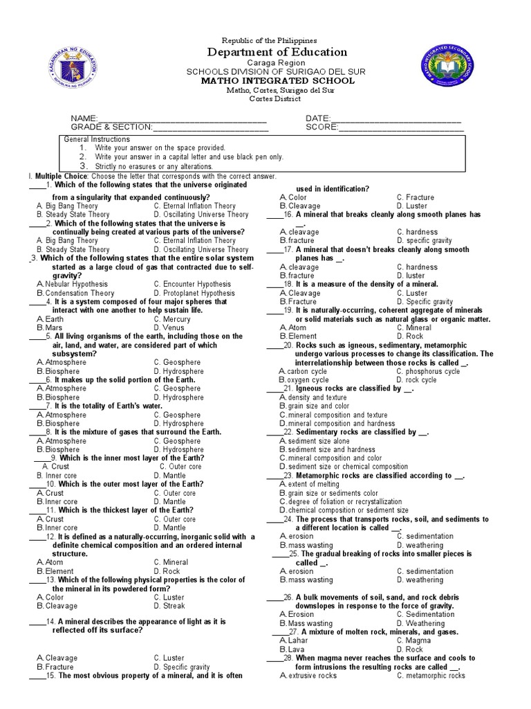 Pre-Test-In-Earth-And-Life-Science-Answer-Keydocx DIAGNOSTIC TEST | PDF ...