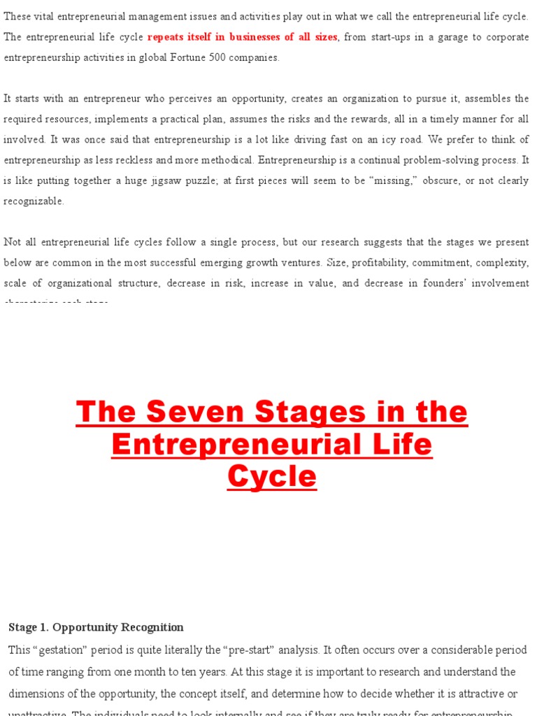 Seven Stages of the Entrepreneurial Cycle | PDF | Entrepreneurship ...