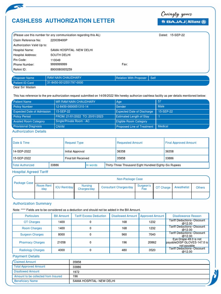 Cashless Hospital Authorization Letter | PDF