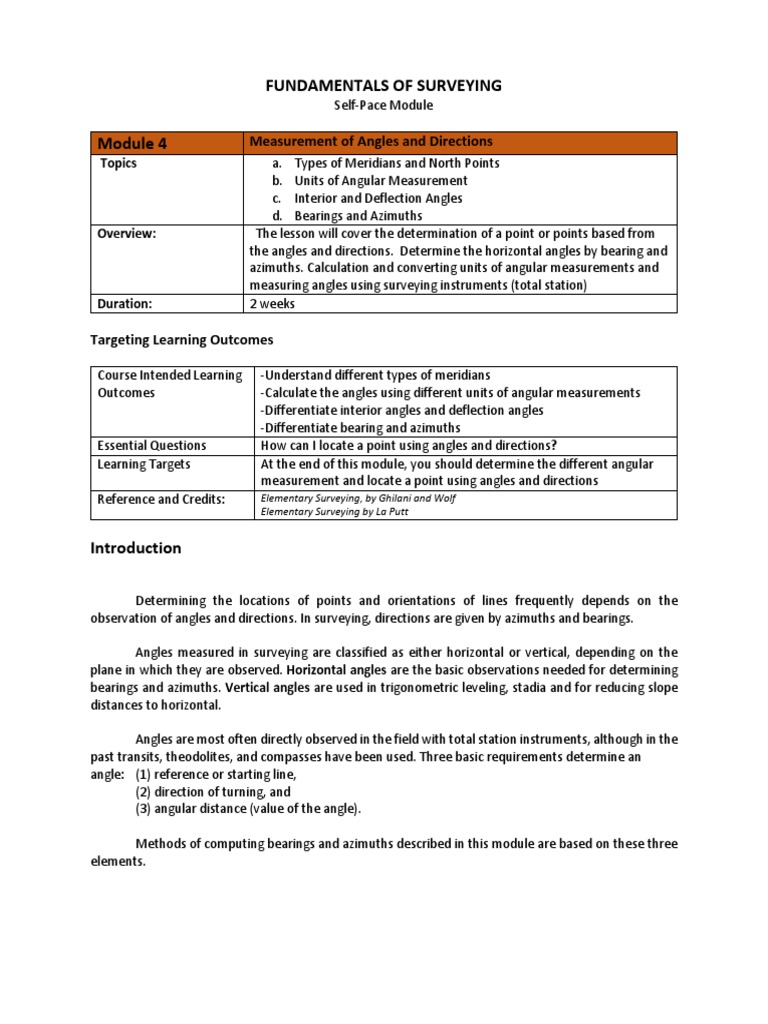 Module 4 - Measurement of Angles and Directions | PDF | Surveying | Angle