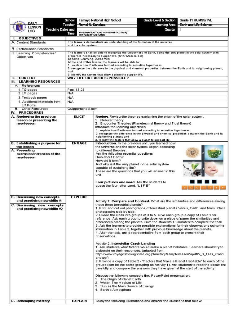 DLL - ELS - WEEK - 1 - 1 - UNIQUENESS OF PLANET EARTH - S1112ES Ia e 3 | PDF | Planets ...