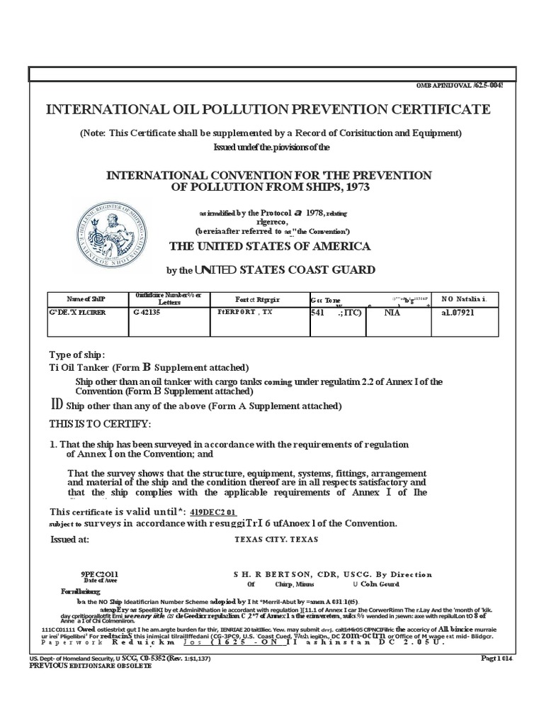 International Oil Pollution Prevention Certificate | PDF | Shipping | Water
