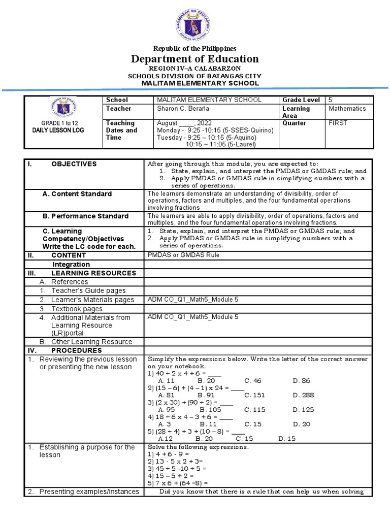Grade 5 Math Lesson Plan: PMDAS/GMDAS | PDF | Bracket | Cognitive Science