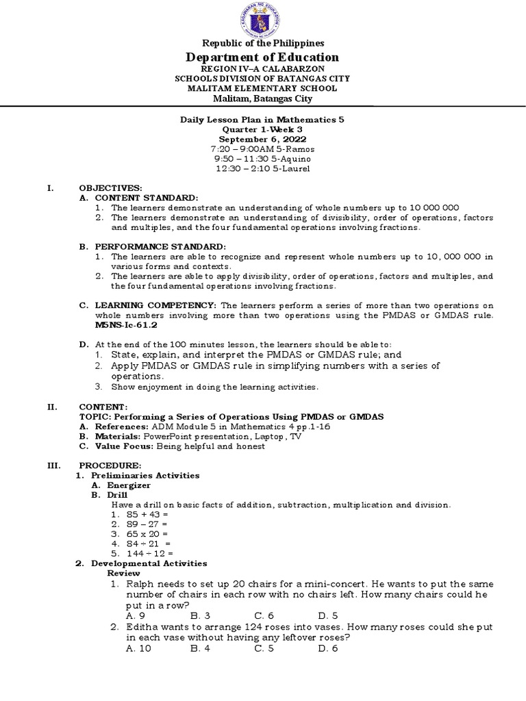DLP Q1 W3 Day-1 Mathematics-5 | Download Free PDF | Learning | Cognition