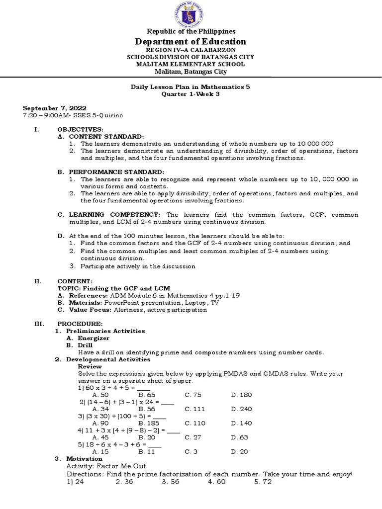 DLP Q1 W3 Day-2 Mathematics-5 | PDF | Mathematics | Arithmetic