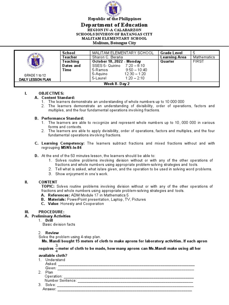DLP Q1 W8 Day 2 Mathematics-5 | PDF | Learning | Cognitive Psychology