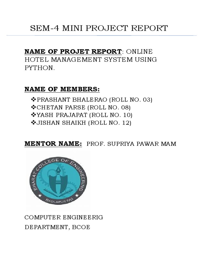 Report-Mini Project Sem-4 Hotel Management System | PDF