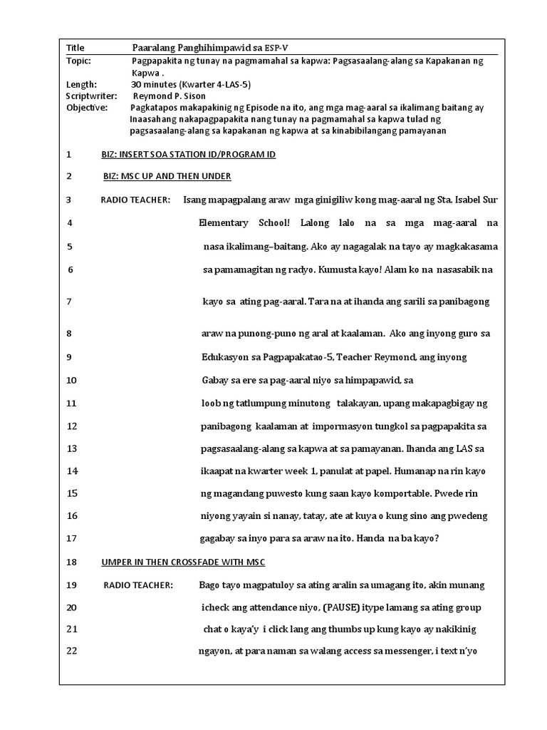 Sises Esp5 q4 Week 1 Lesson 1 Las 1 | PDF