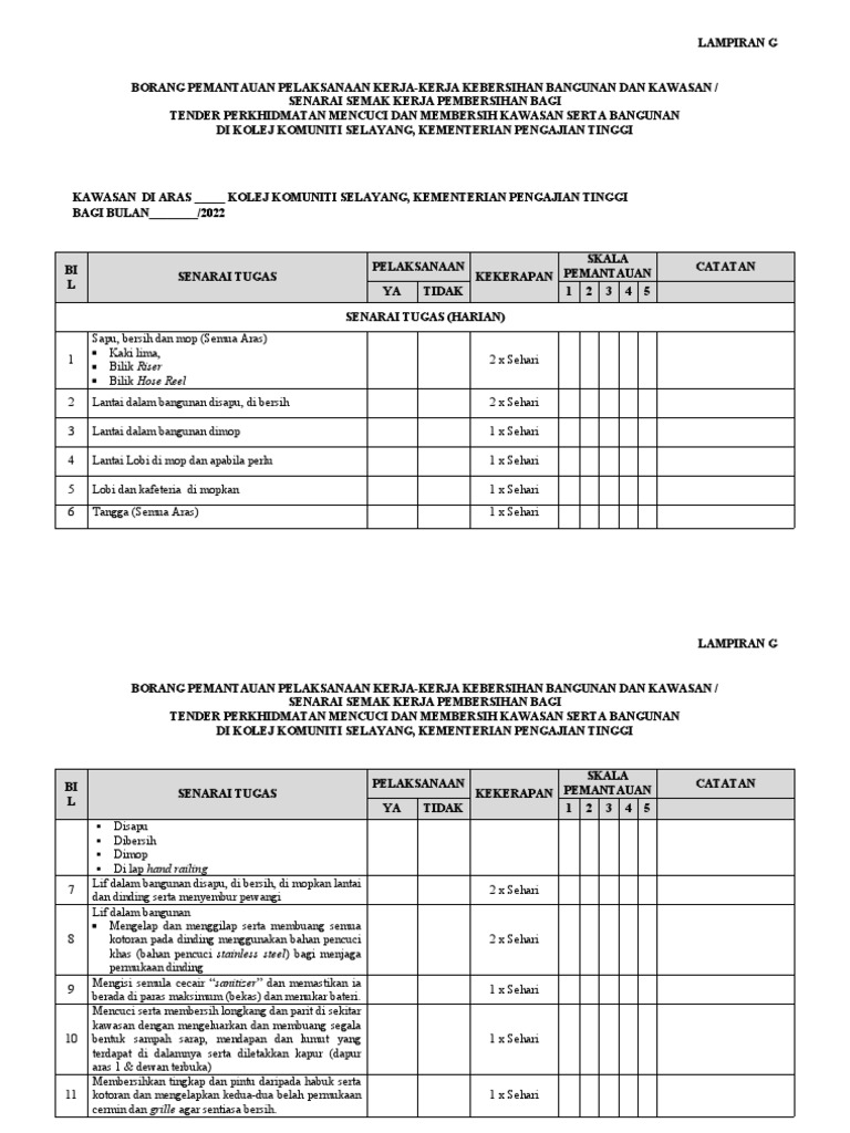 Lampiran G - Borang Pemantauan Pelaksanaan Kerja-Kerja Kebersihan | PDF