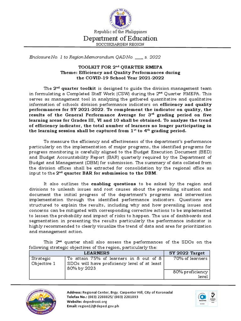 2nd Quarter RMEPA Toolkit 2022 | PDF | Learning | Middle Schools