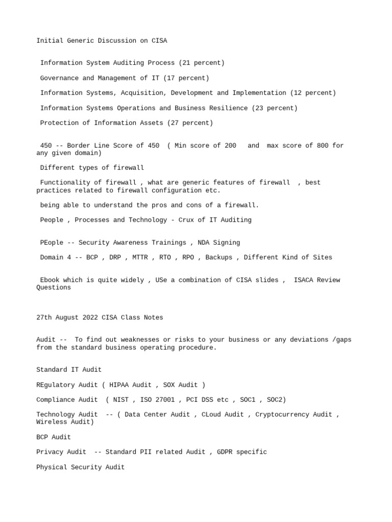 CISA study notes - 27th August 2022 | PDF | Payment Card Industry Data ...