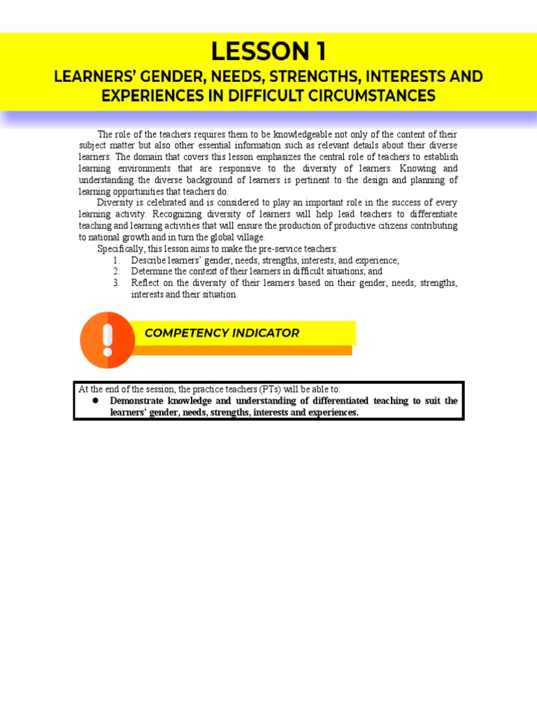 Learners' Gender, Needs, Strengths, Interests and Experiences | PDF ...