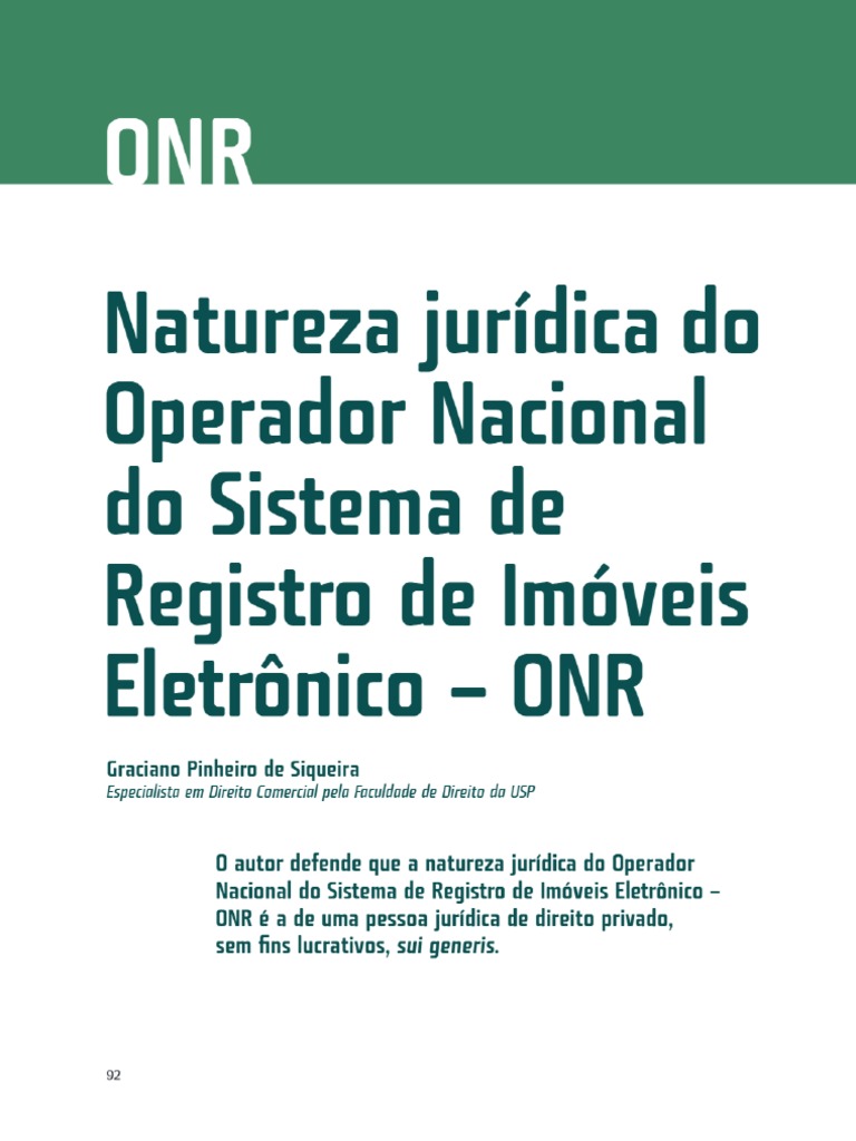 ONR - Natureza Jurídica Do Operador Nacional Do Sistema de Registro de Imóveis Eletrônico - ONR ...