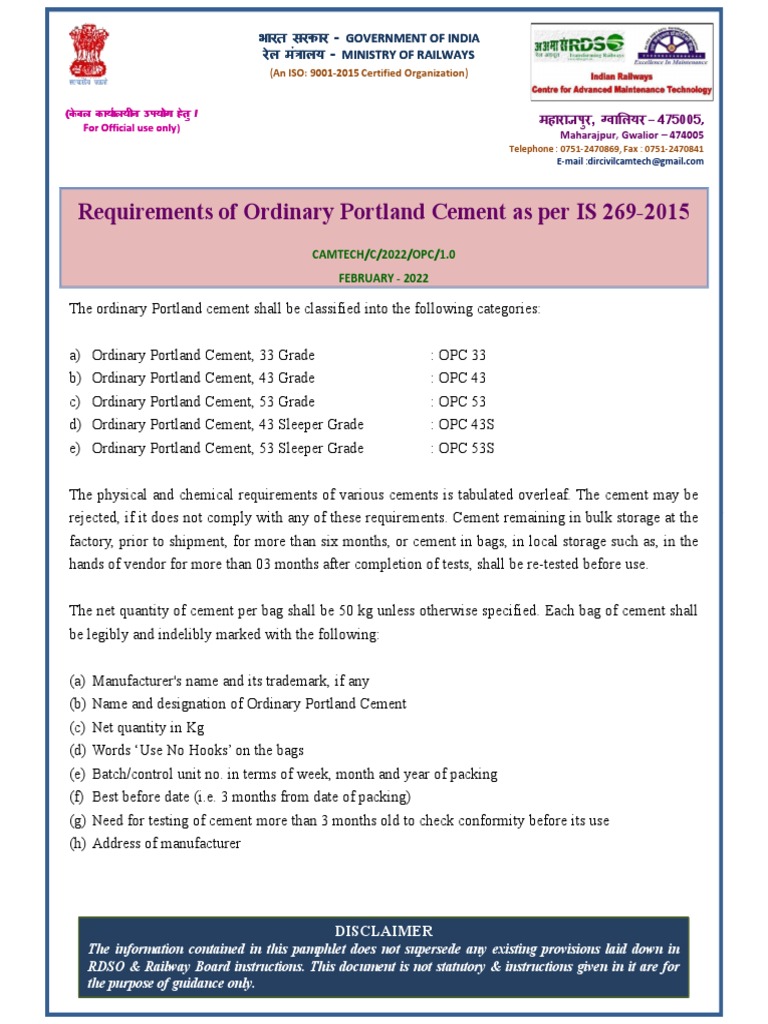 Pamphlet On Requirements of Ordinary Portland Cement As Per IS 269-2015 | PDF
