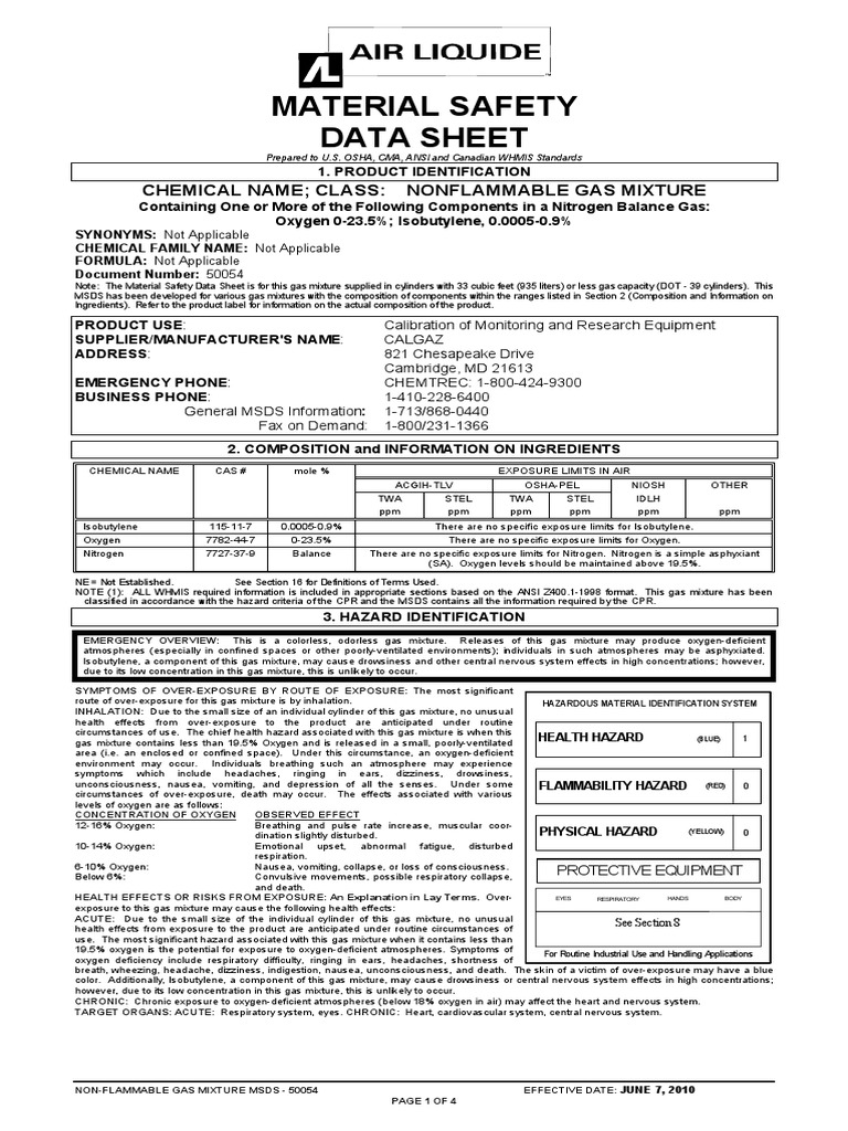 Material Safety Data Sheet: Chemical Name Class: Nonflammable Gas ...