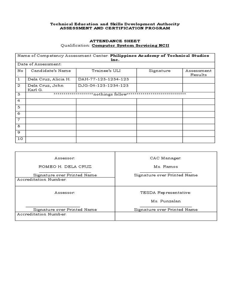 CCA Attendance Sheet for TESDA Assessment | PDF